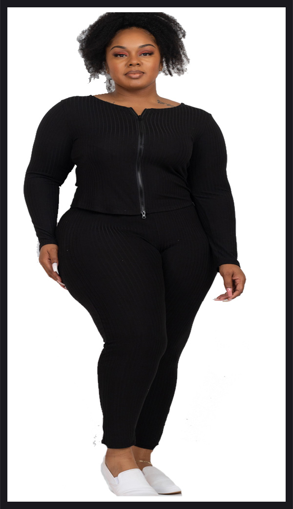 Noveltease. Black Zip Crop Top Lounge Set Plus