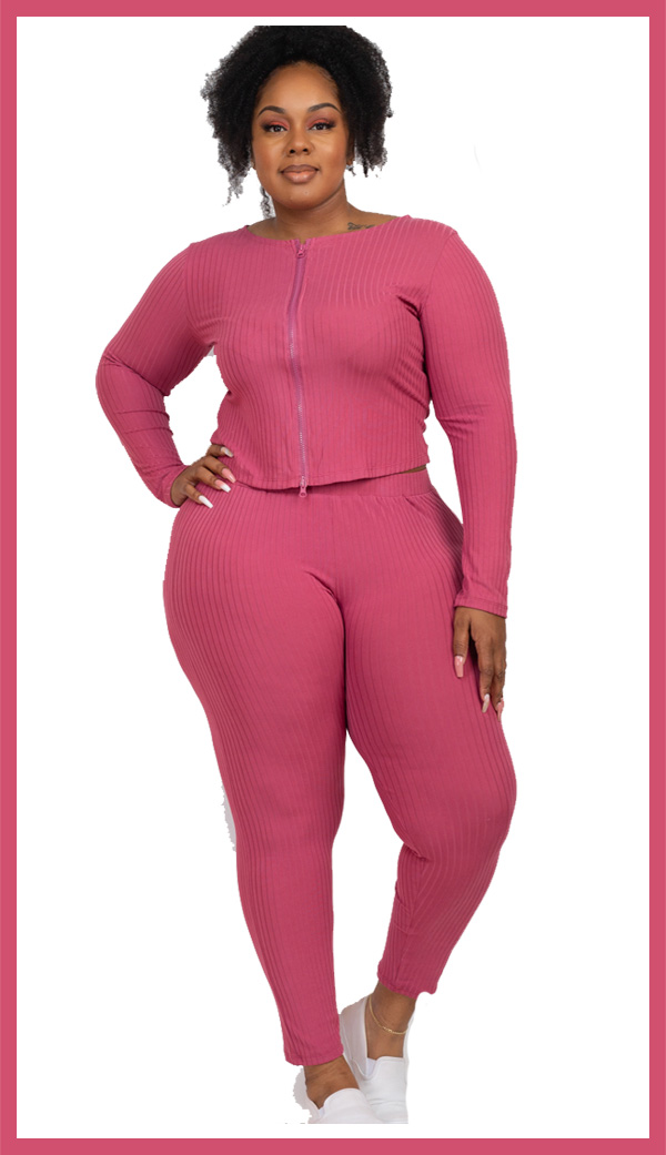 Noveltease. Pink Zip Crop Top Lounge Set Plus